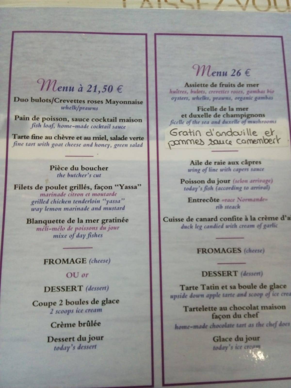 Menu at La Baraka, Saint-Côme-de-Fresné