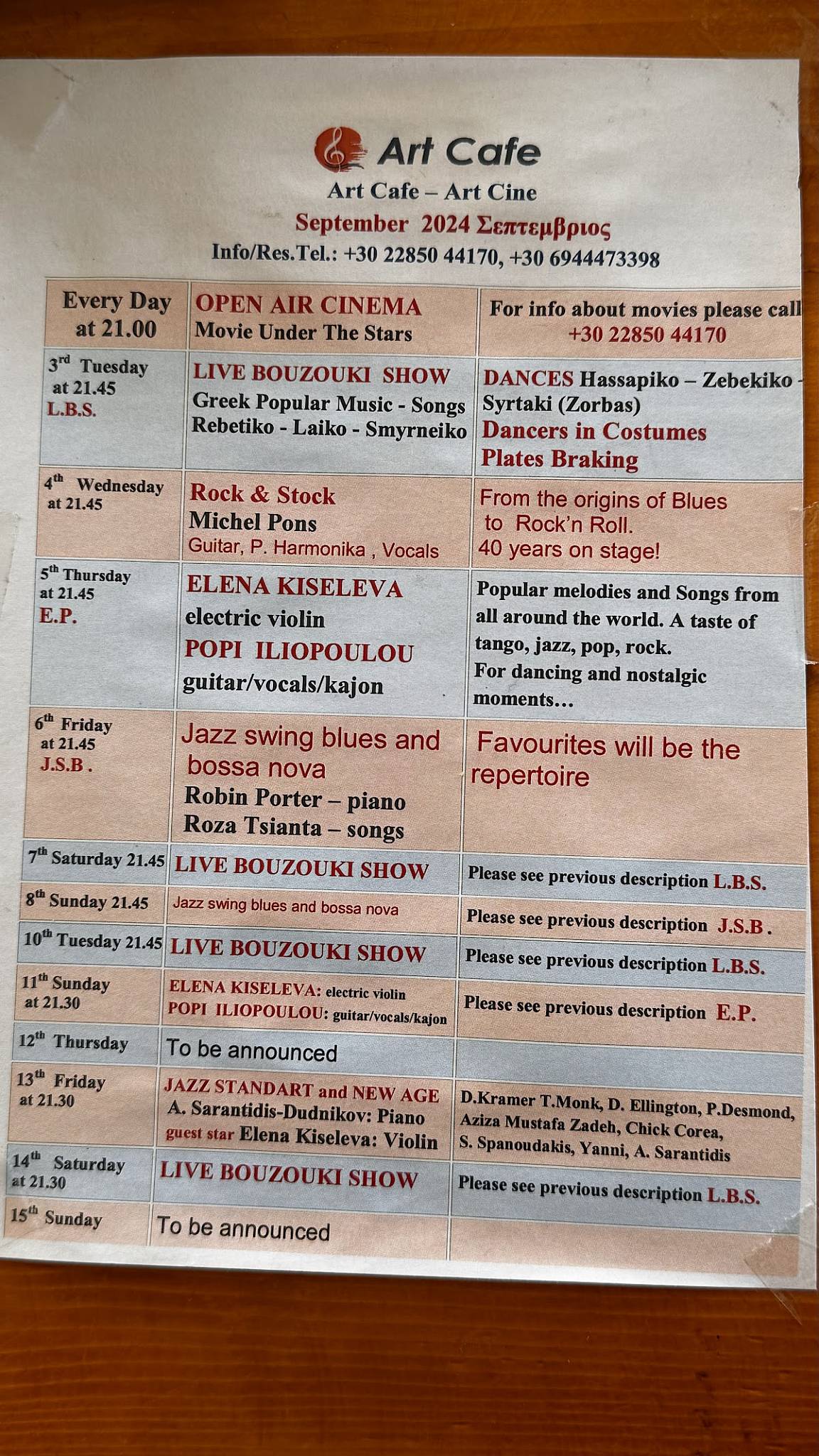 Menu at Art Cafe, Agios Prokopios