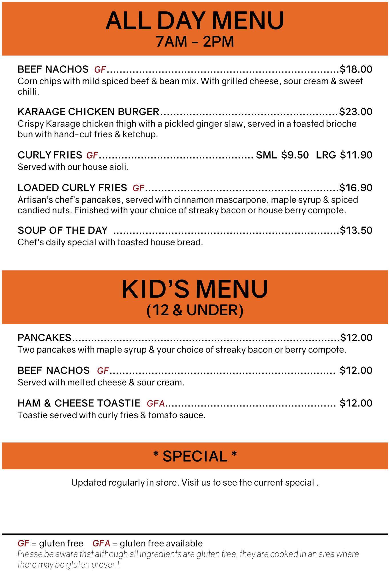Menu at Artisan by Rangiora Bakery, Rangiora