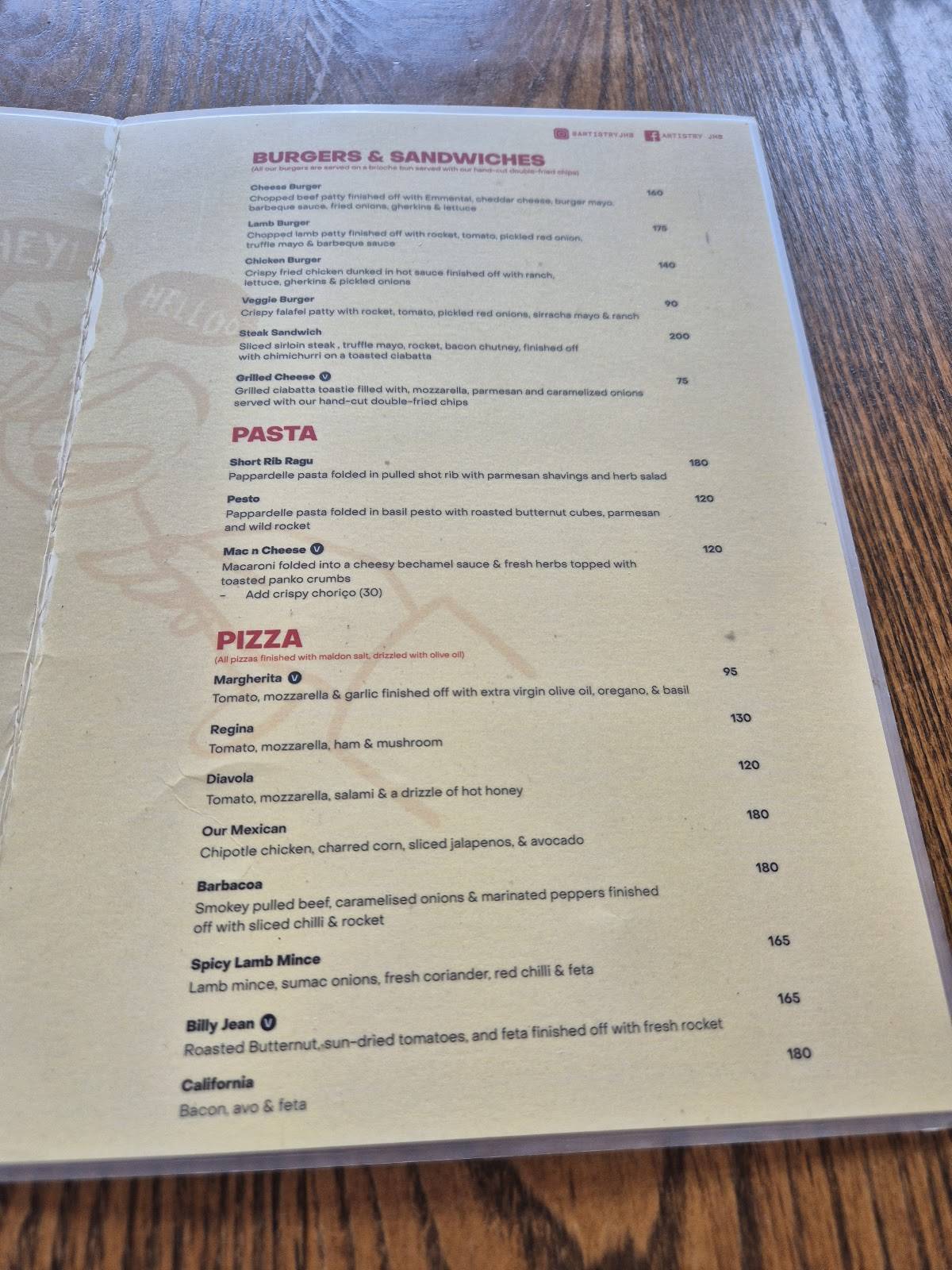 Menu at Artistry JHB restaurant, Sandton