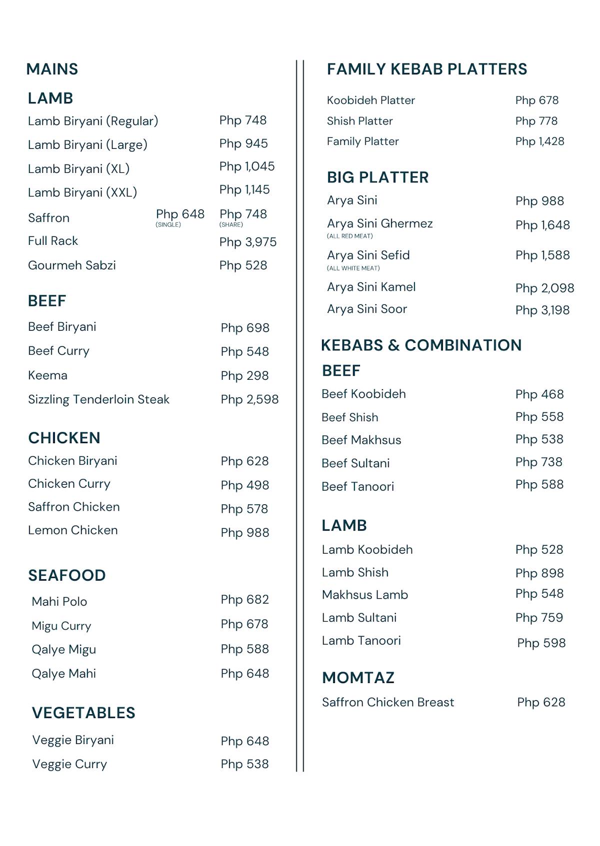 Menu at Arya Persian Restaurants, Mandaluyong, 6th Level East Wing Unit ...