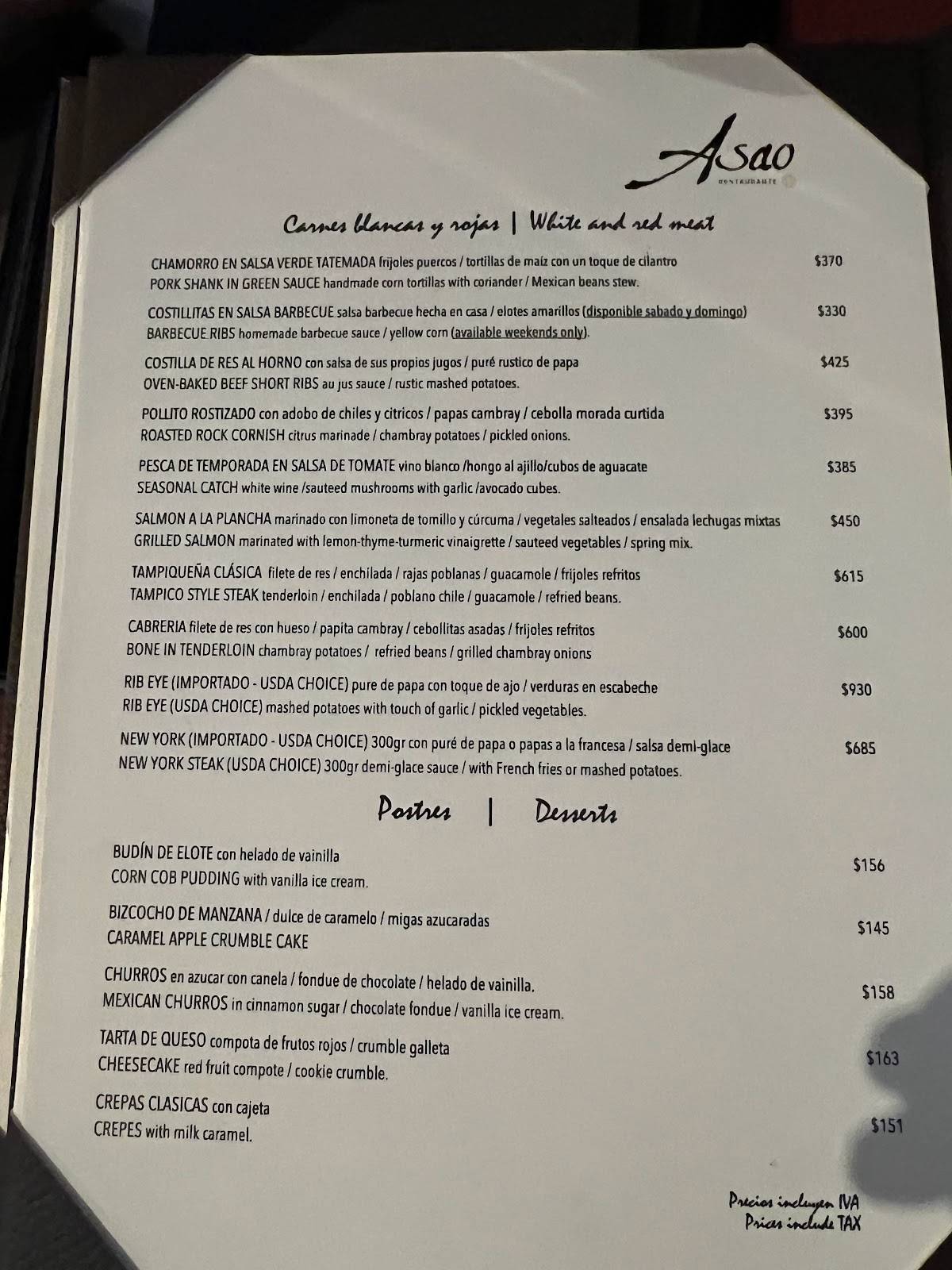 Menu at Asao steakhouse, Tecate