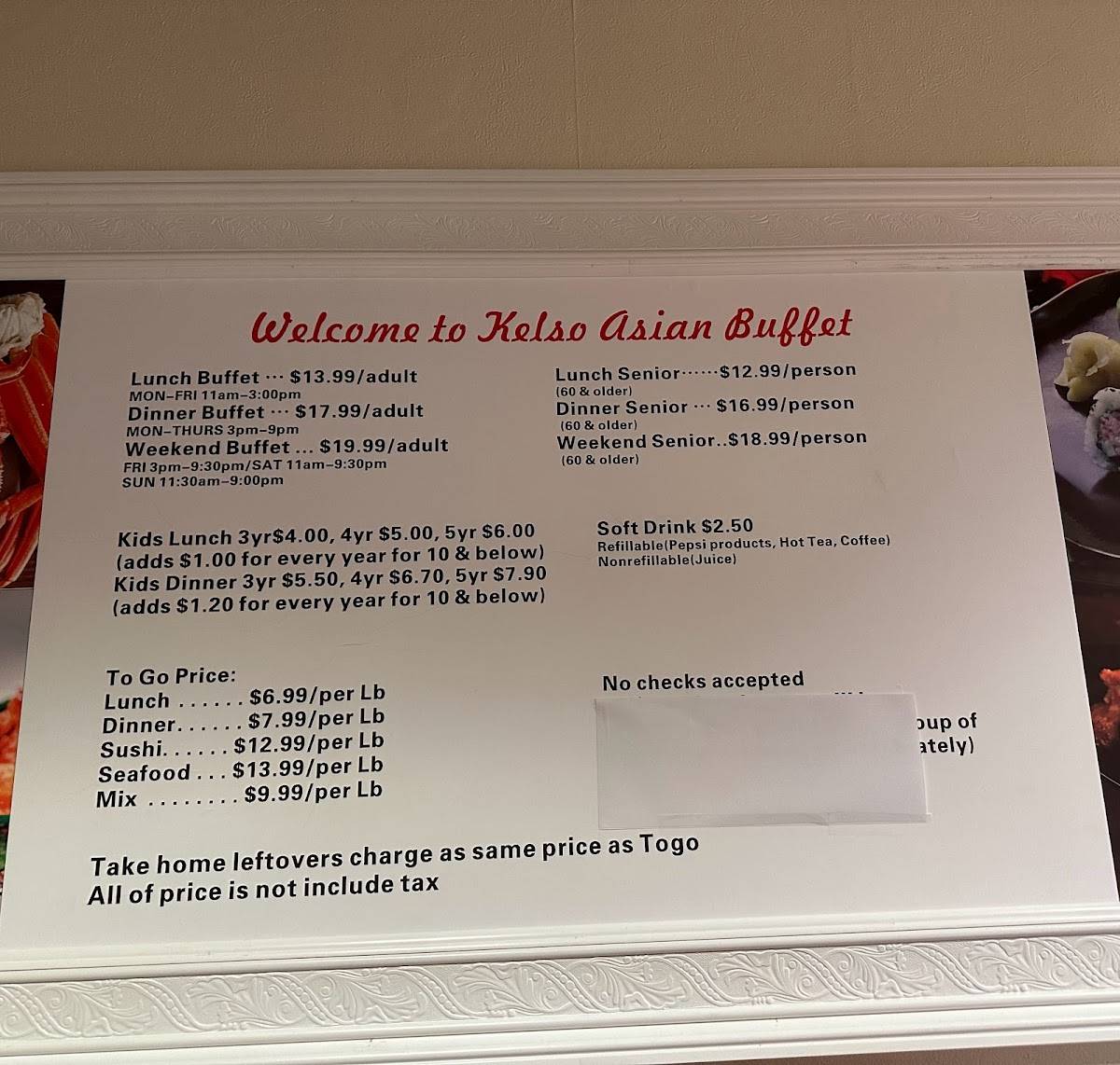 Menu at Asian Buffet restaurant, Kelso