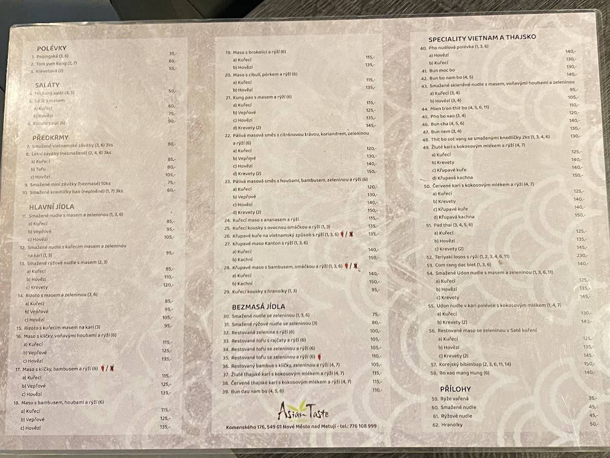 Menu at Asian Taste restaurant, Nové Město nad Metují