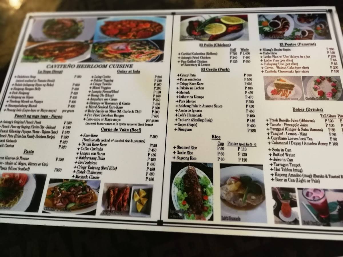 Menu at Asiong's of Cavite restaurant, Silang, Buenavista Ave
