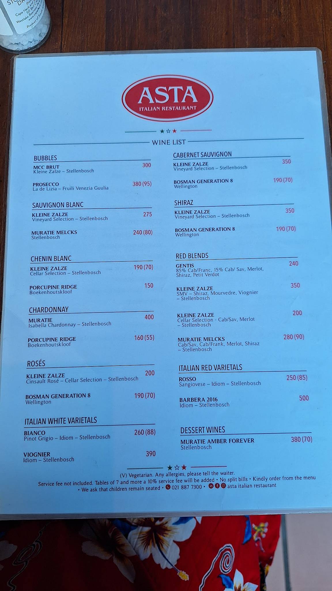 Menu at Asta Italian Restaurant, Stellenbosch