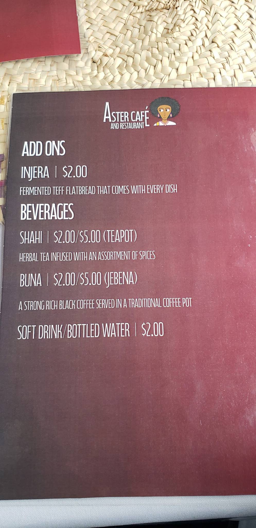 Menu at Aster Cafe, Halifax
