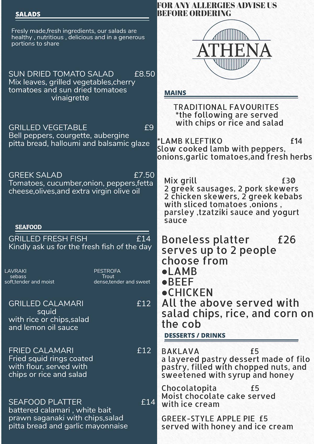 Menu at Athena restaurant, Radstock