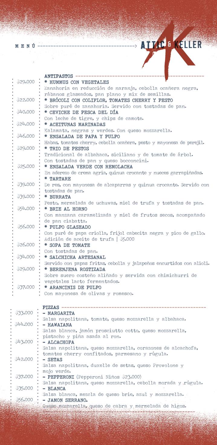 Carta del restaurante Attic & Keller, Bogotá