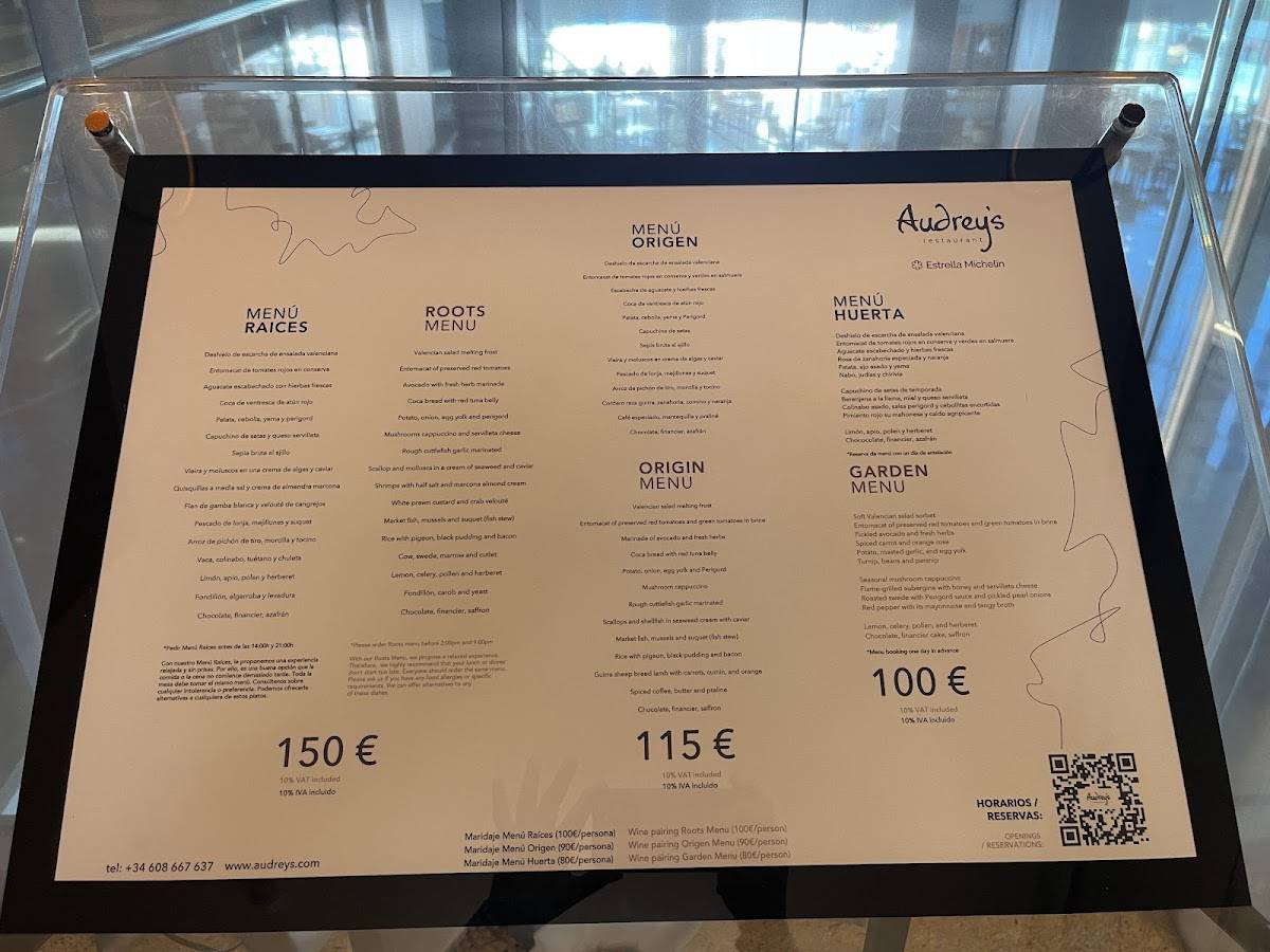 Carta de Audrey’s Restaurant, Calpe