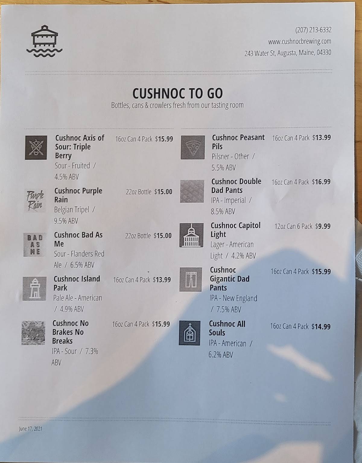 Menu at Cushnoc Brewing Co. pizzeria, Augusta