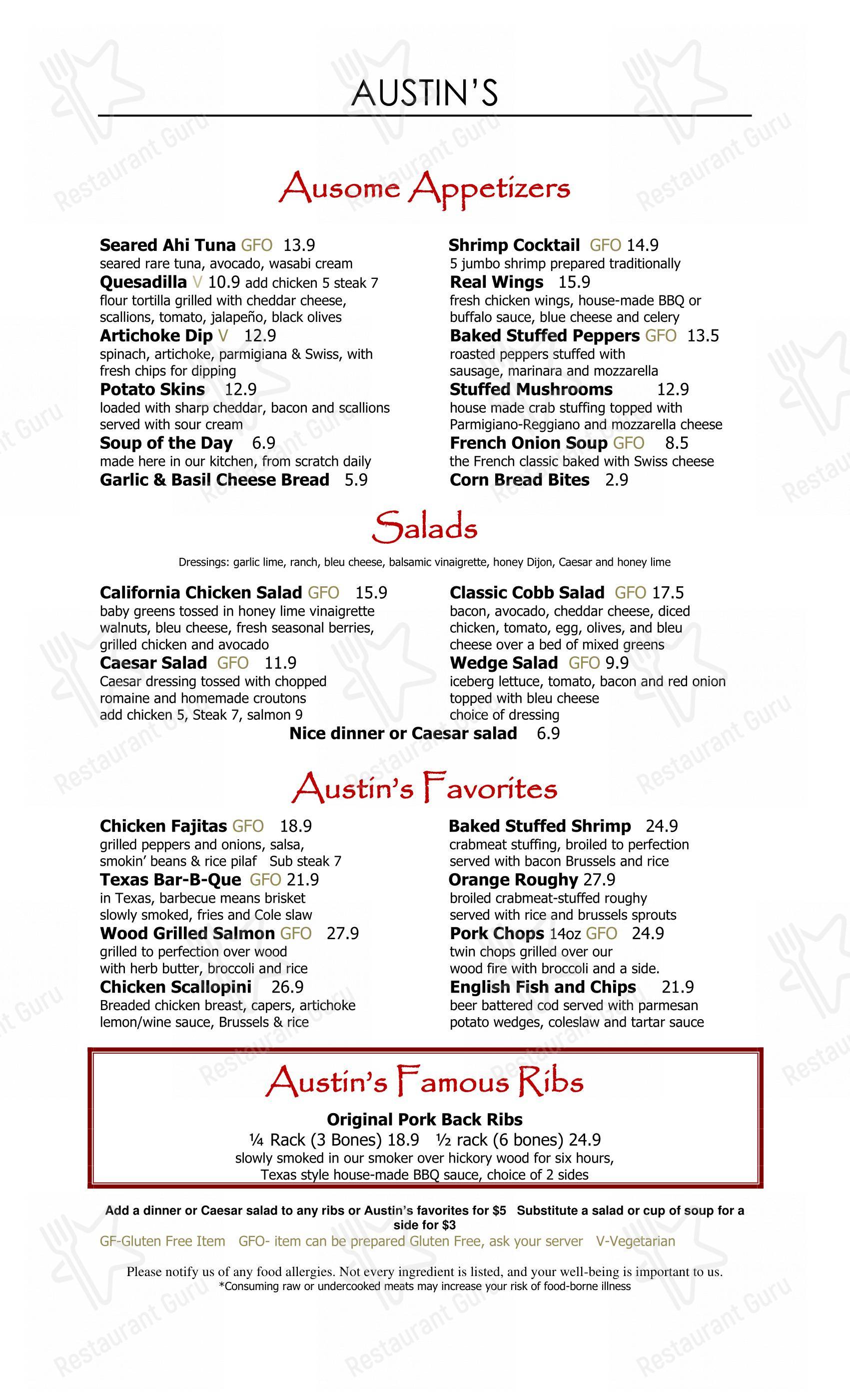 Menu at Austin's Smokin' Steakhouse, Mayfield, Wilson Mills Rd