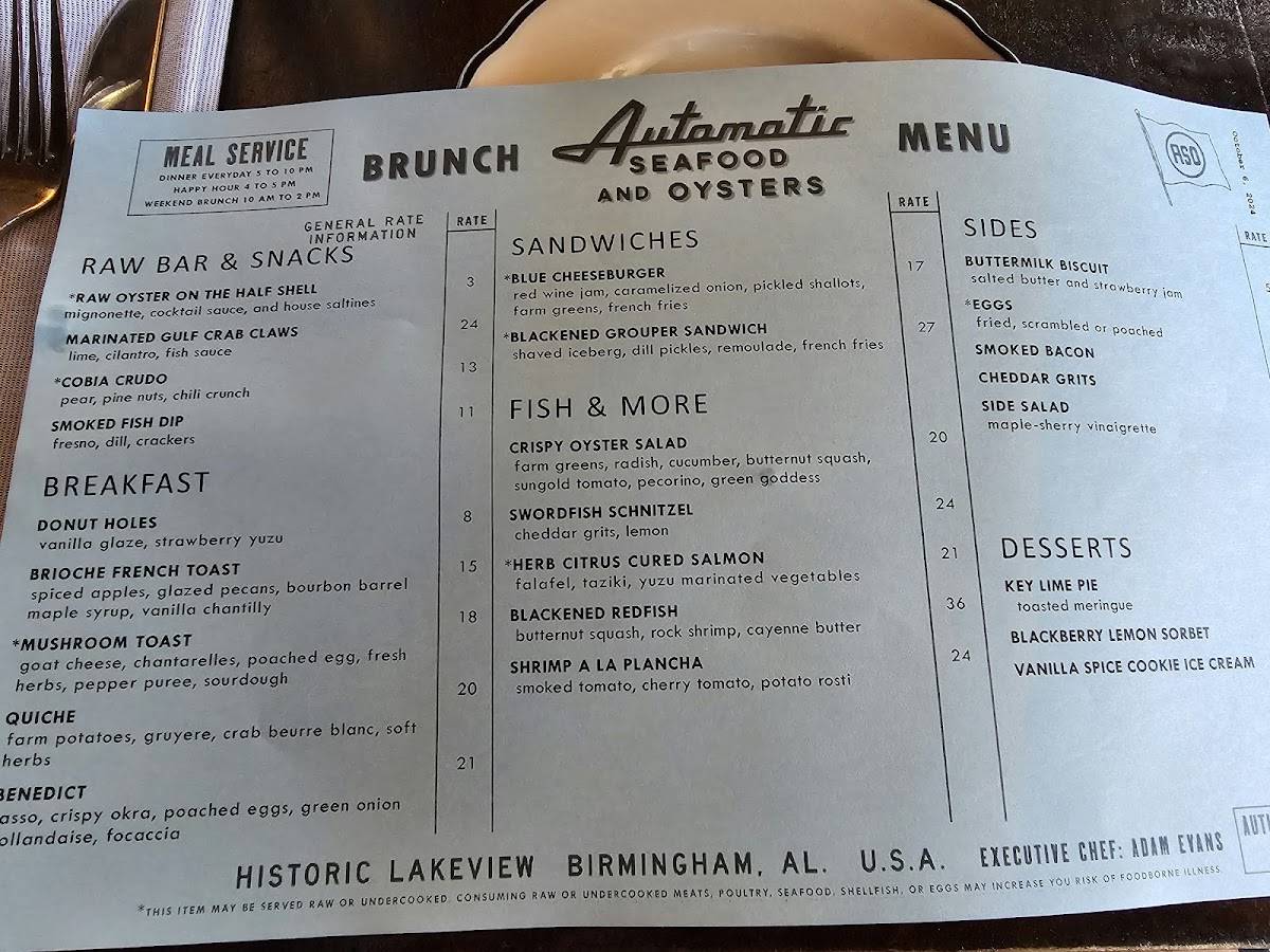 Menu at Automatic Seafood and Oysters restaurant, Birmingham
