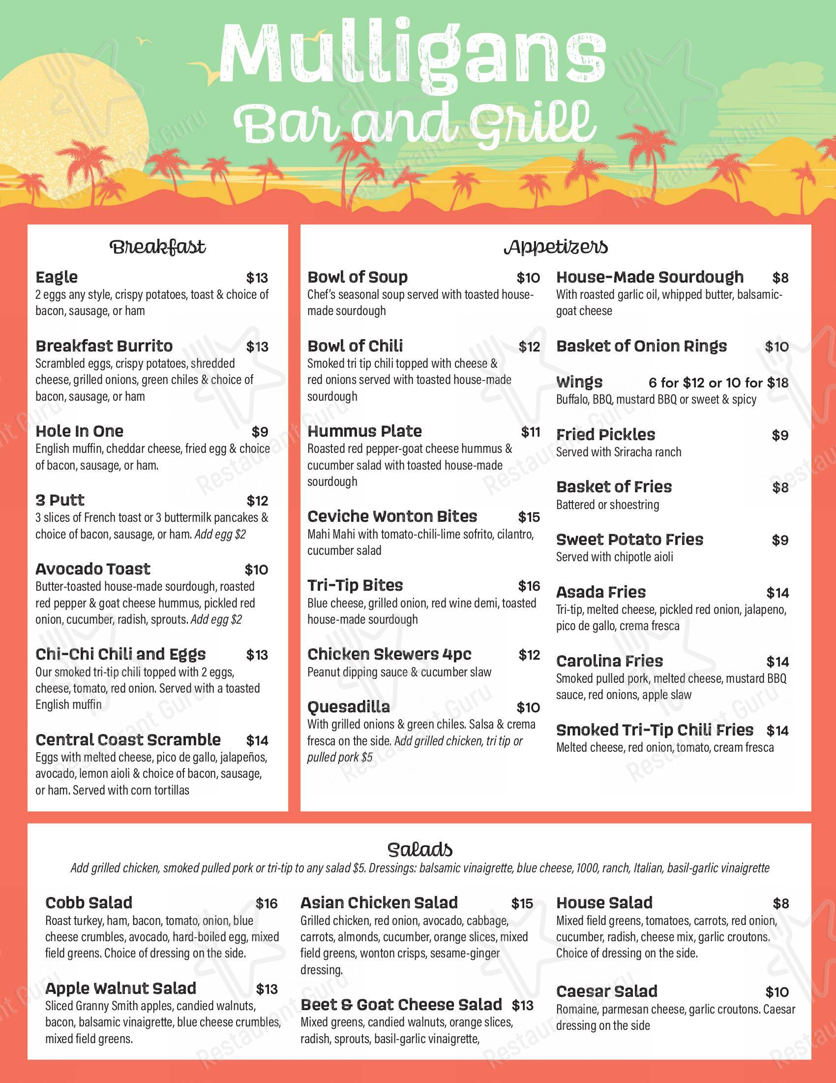 Menu at Mulligan's Restaurant, Avila Beach