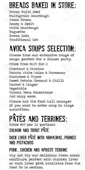 Menu at Avoca Malahide cafe, Malahide, Malahide Castle & Gardens