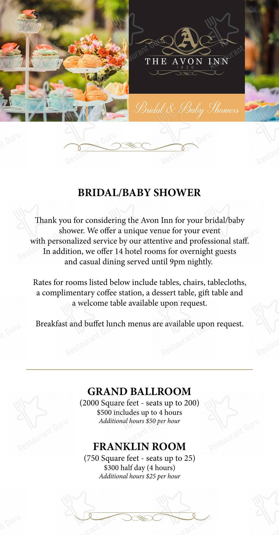 Menu at Avon Inn pub & bar, Avon