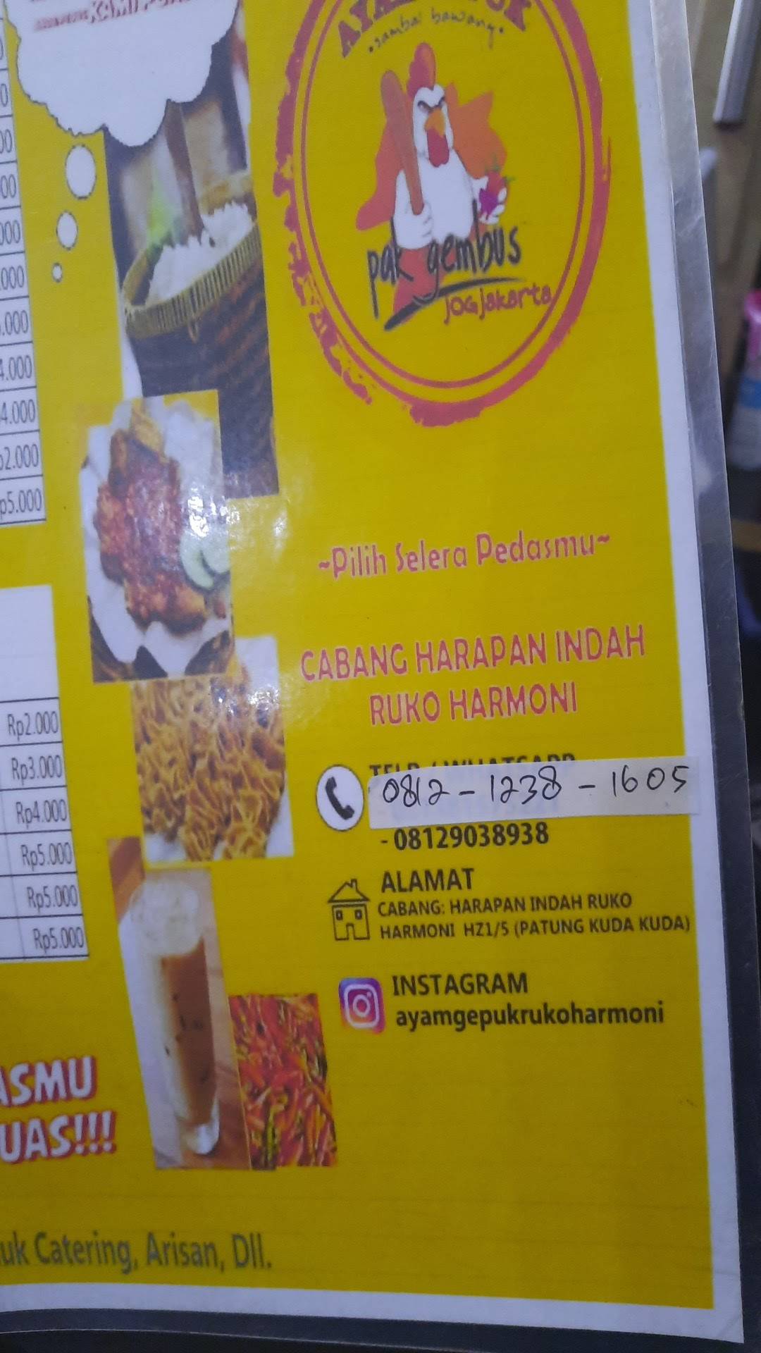 Carta del restaurante Ayam Gepuk Pak Gembus Ruko Harmoni, Bekasi