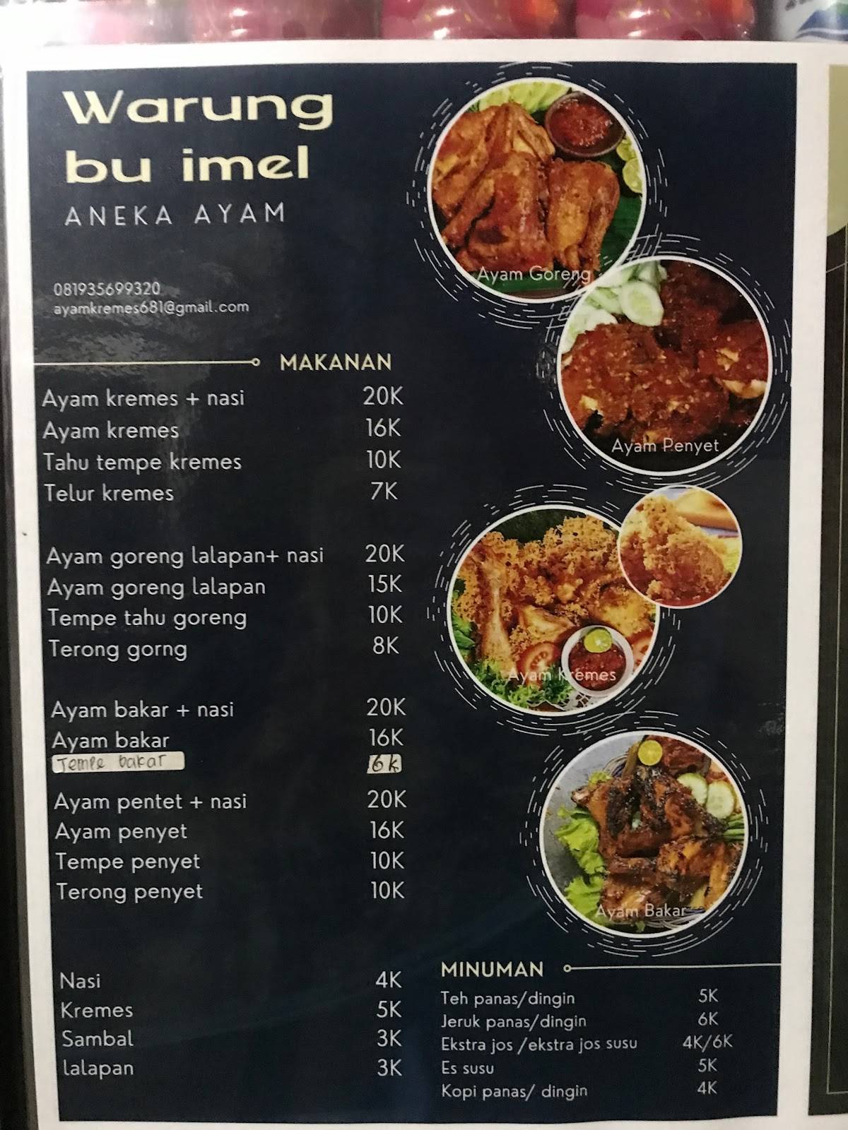 Menu at Ayam bakar bu Imel restaurant, Denpasar