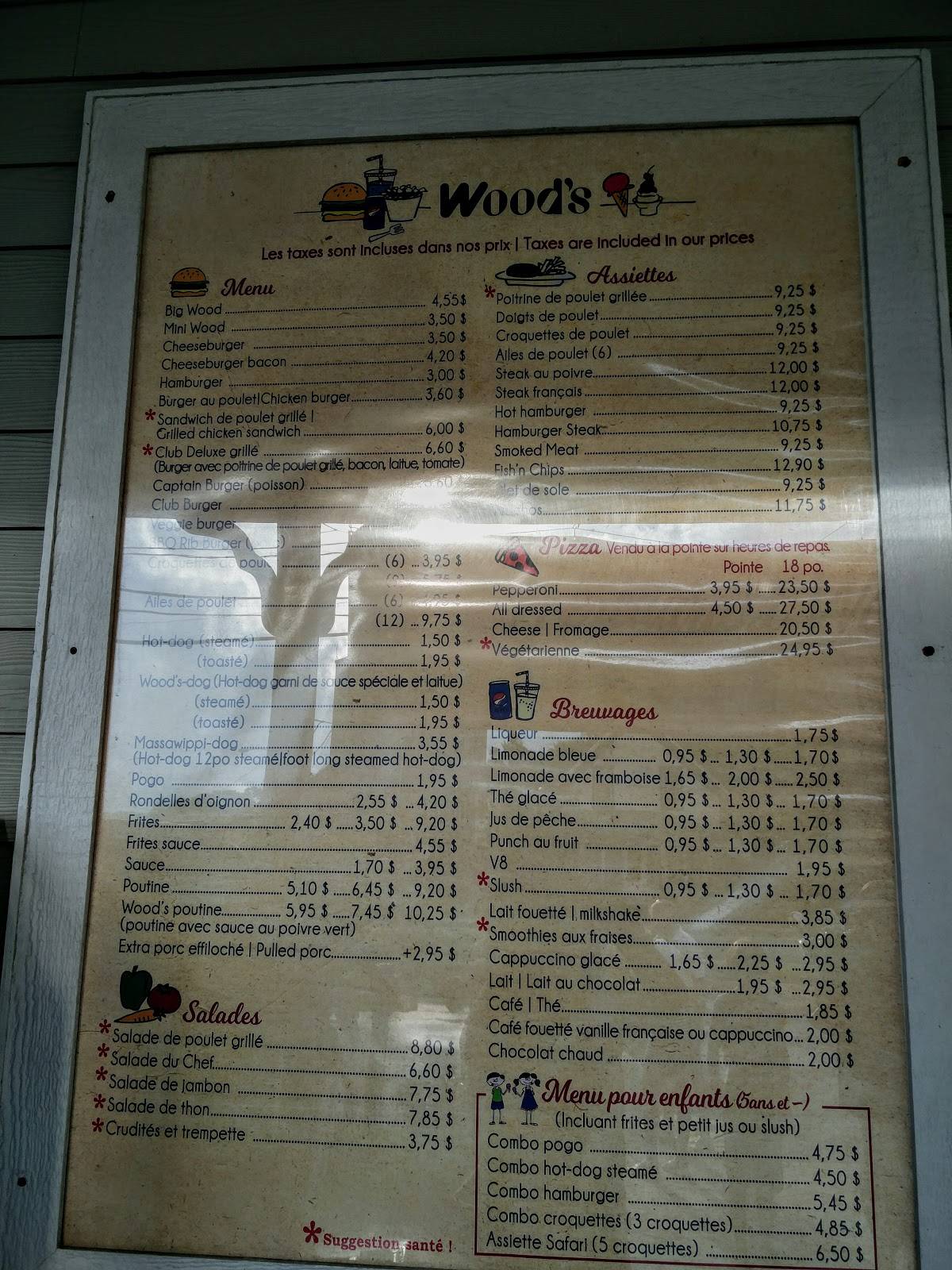 Menu at Wood's Snack Bar, Ayer's Cliff