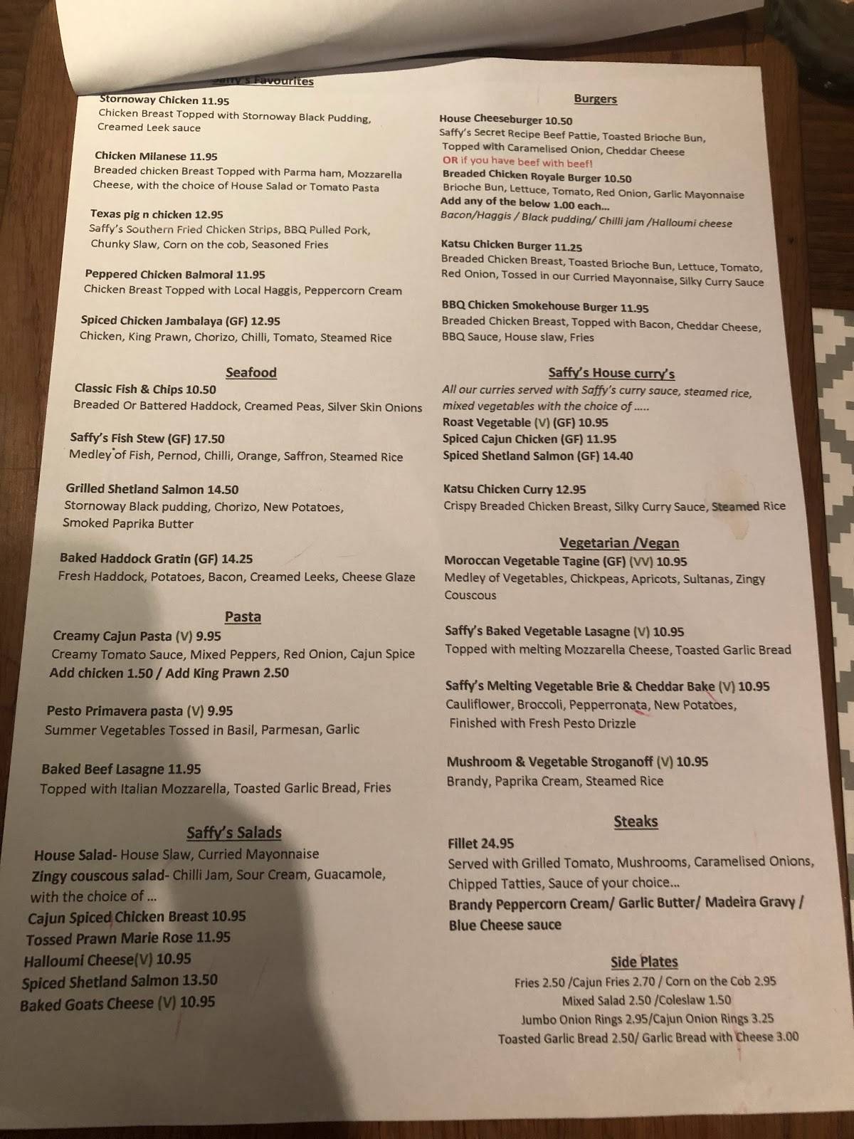 Menu at Saffy's Bistro restaurant, Ayr