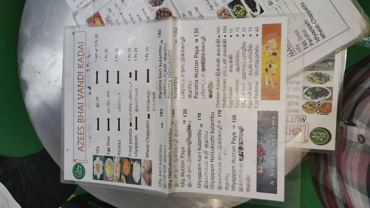 Menu at Azees Bhai Kadai, Chennai