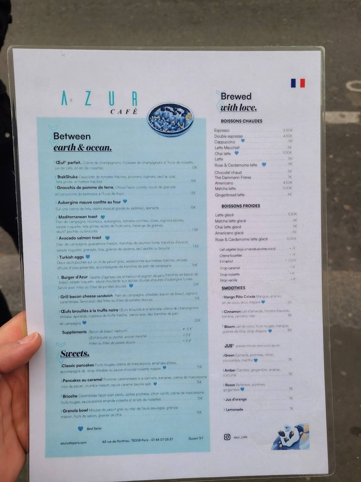 Menu au Azur Café Brunch & Coffee - Champs-Elysées, Paris, 63 Rue de ...