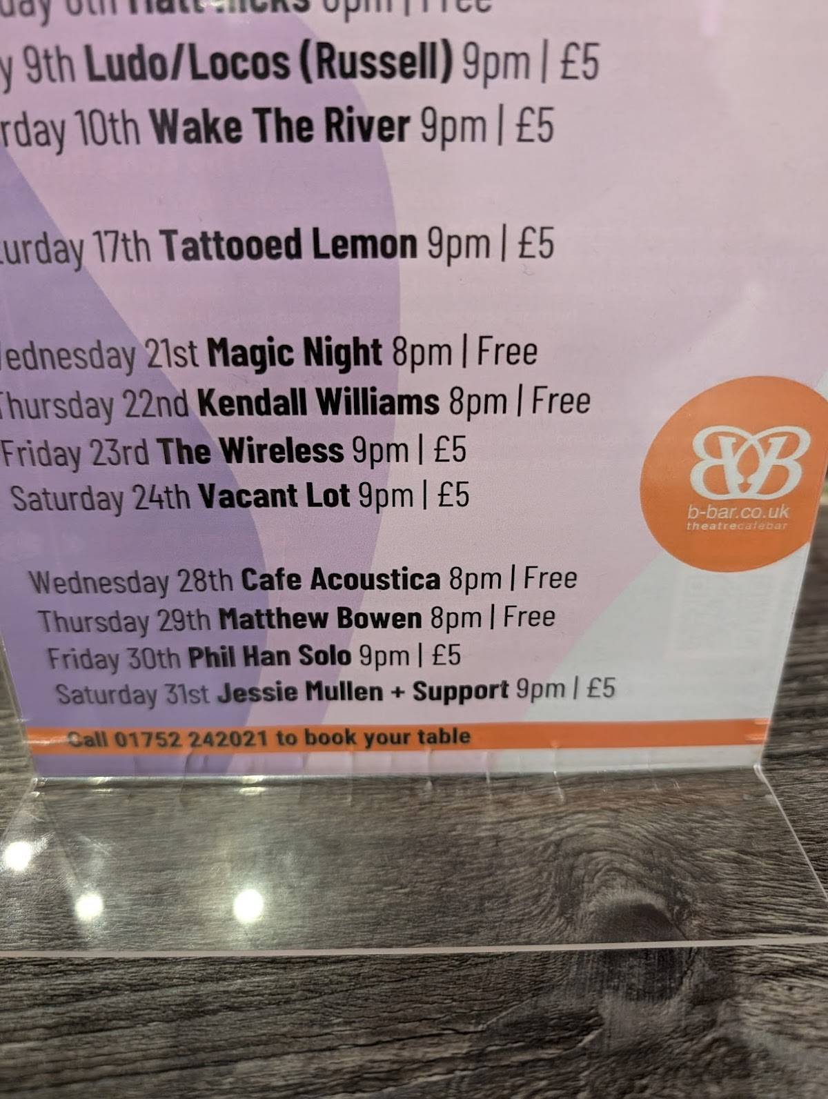 Menu at B-Bar, Plymouth, The Barbican Theatre