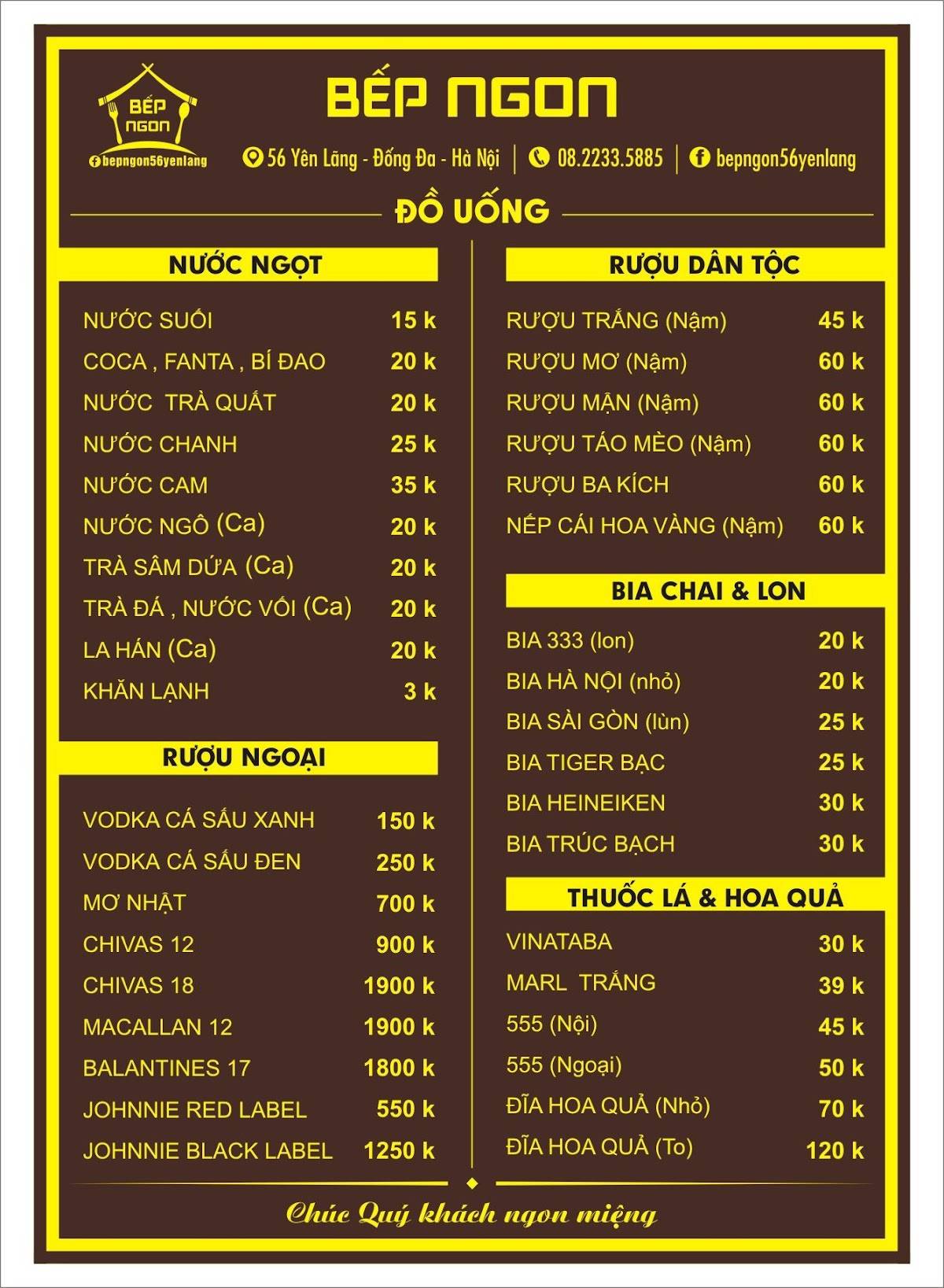 Menu at Bếp Ngon - 56 Yên Lãng restaurant, Hanoi