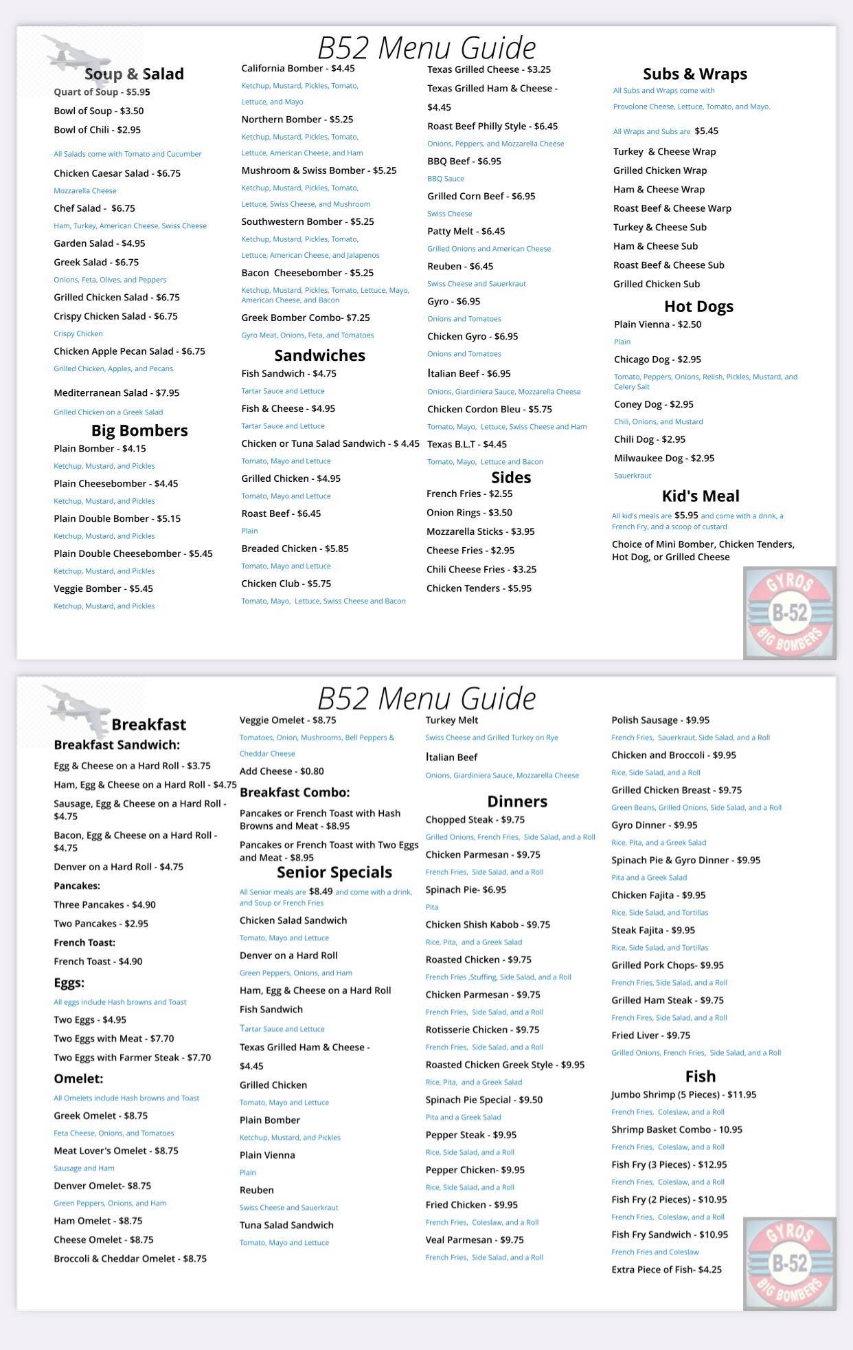 Menu at B52 Bombers, Gyro and frozen custard fast food, Menomonee Falls