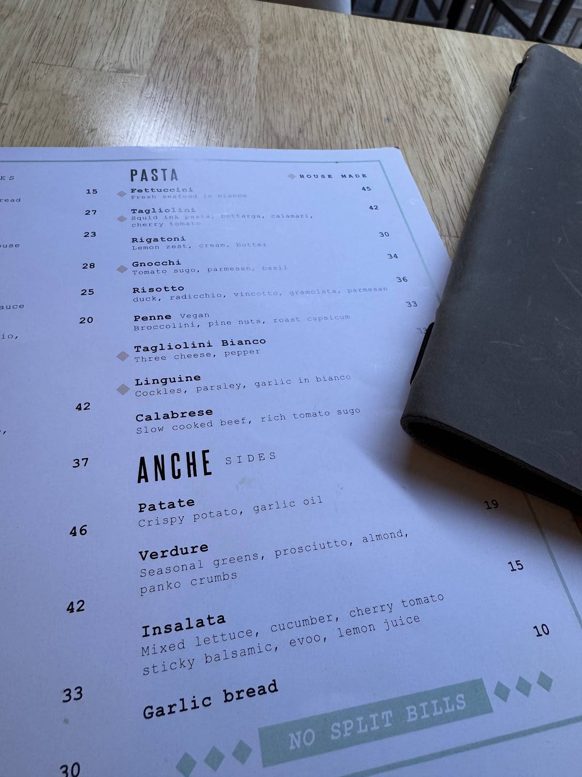 Menu at BAMBINI restaurant, Adelaide
