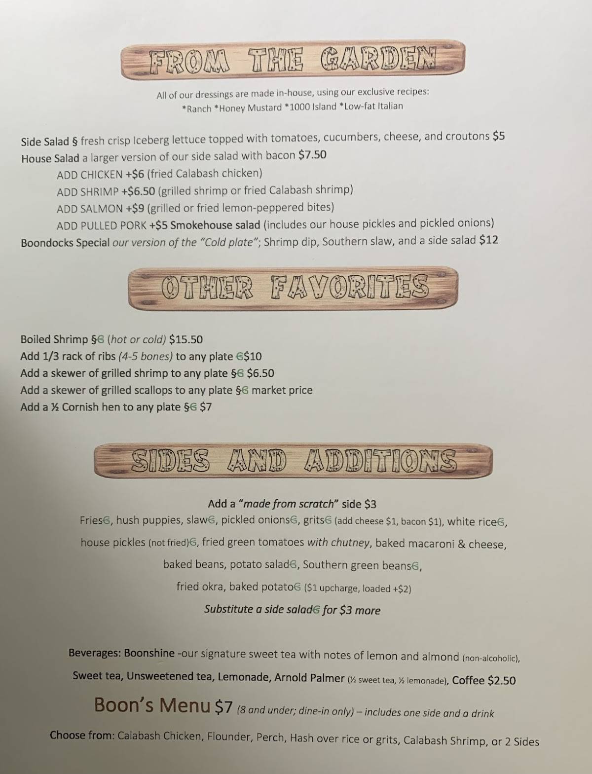 Menu at Boondocks Fish Camp & Smoke House BBQ, Gray Court
