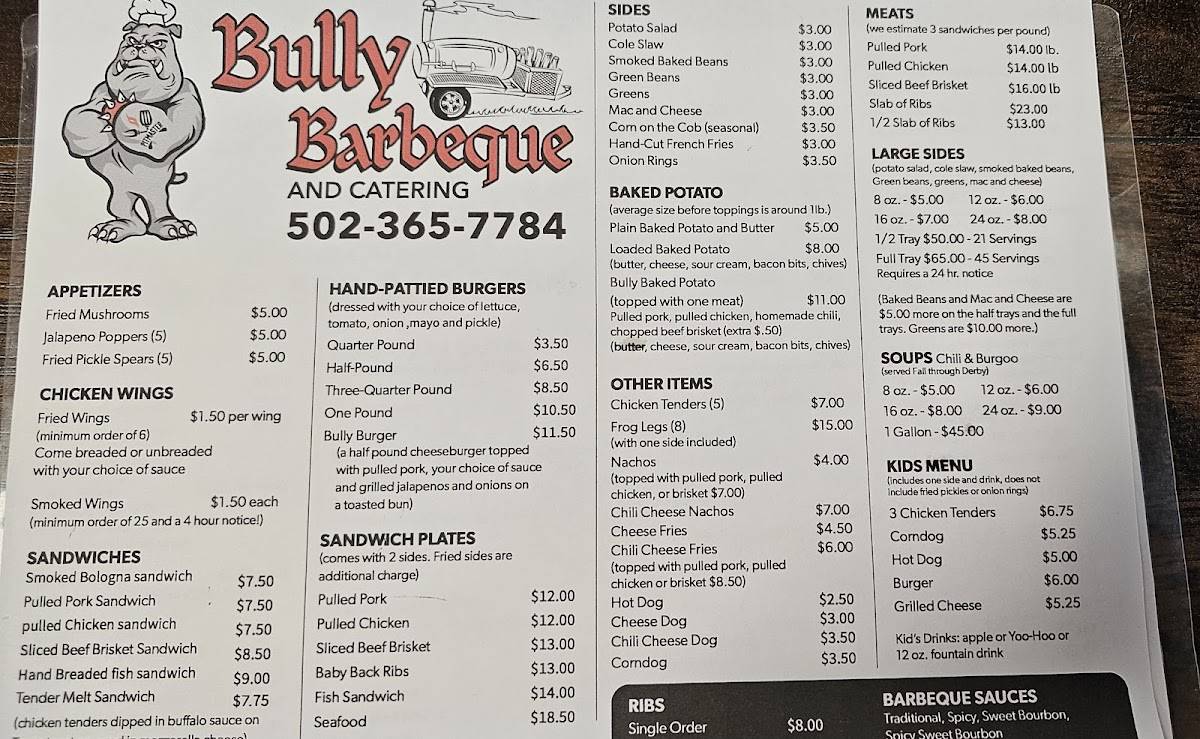 Menu at Bully Barbeque, Buckner, W U.S. Hwy 42