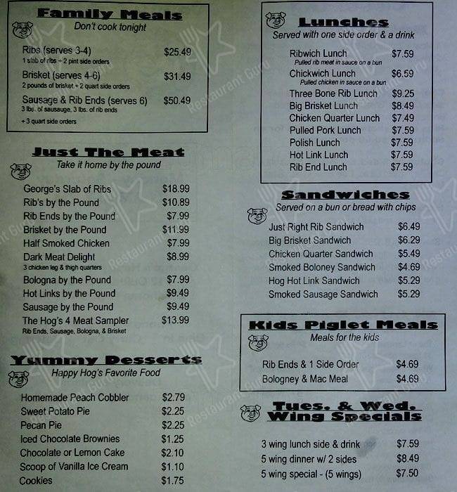 Menu at George's Happy Hog Bar-B-Q, Oklahoma City, 712 Culbertson Dr