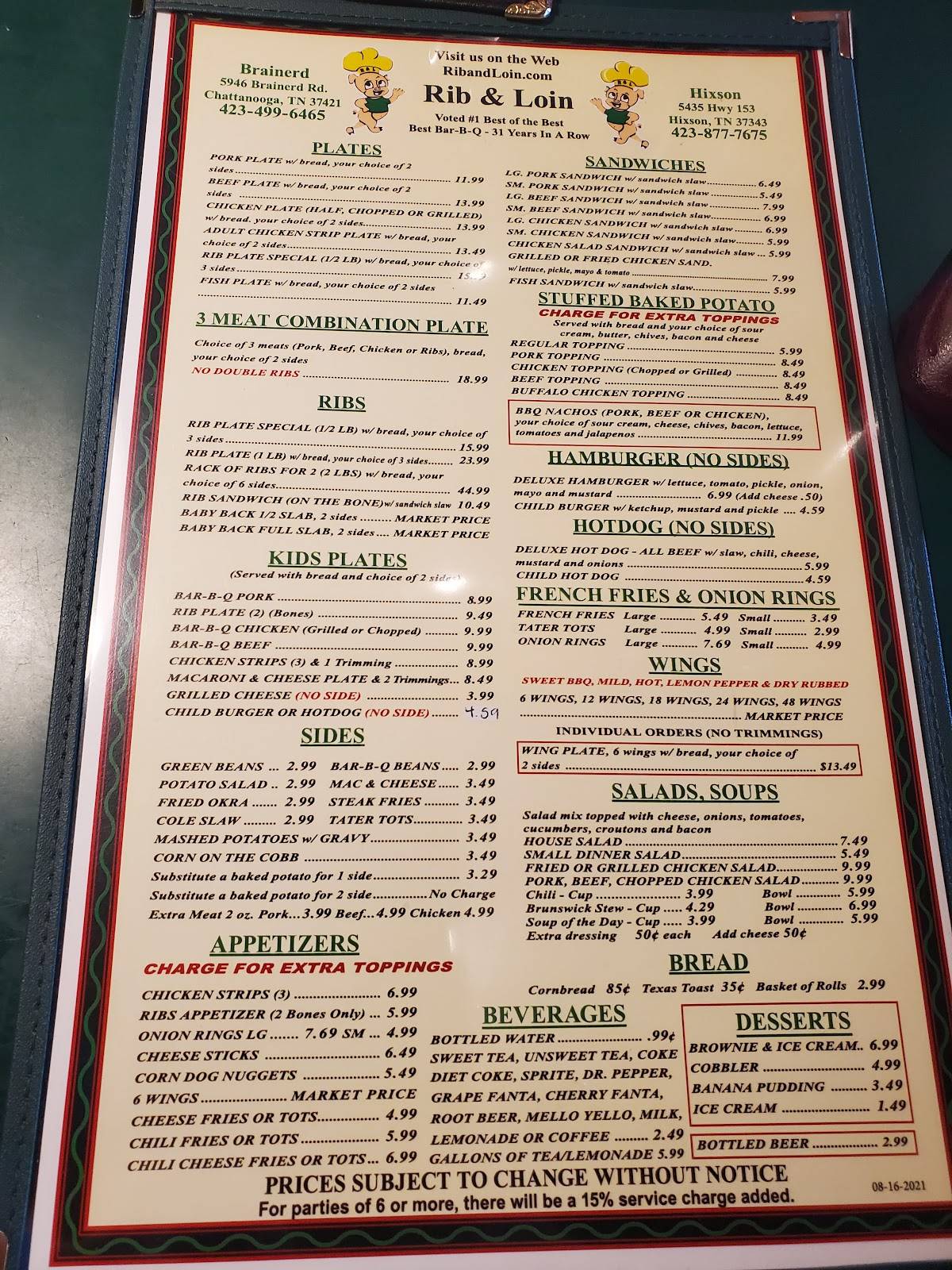 Menu at Rib & Loin BBQ, Chattanooga, Brainerd Rd