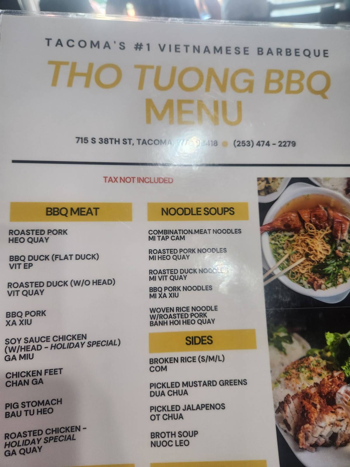 Menu at Thọ Tường BBQ, Tacoma