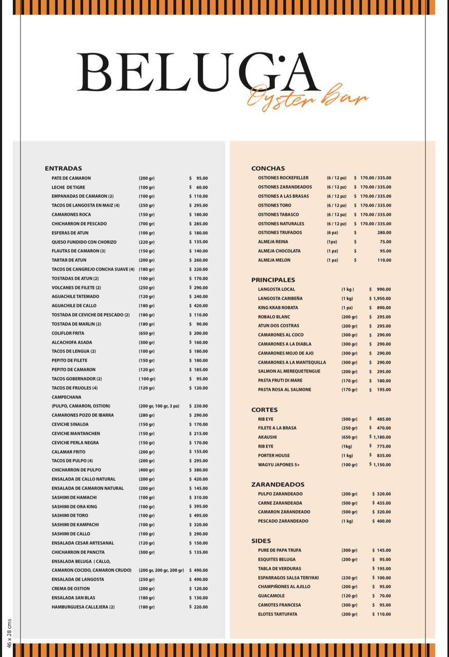 Carta del restaurante Beluga, Guadalajara