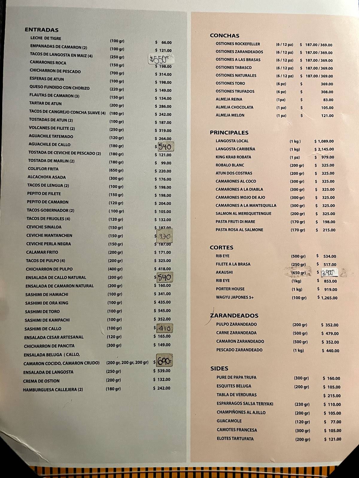 Carta del restaurante Beluga, Guadalajara