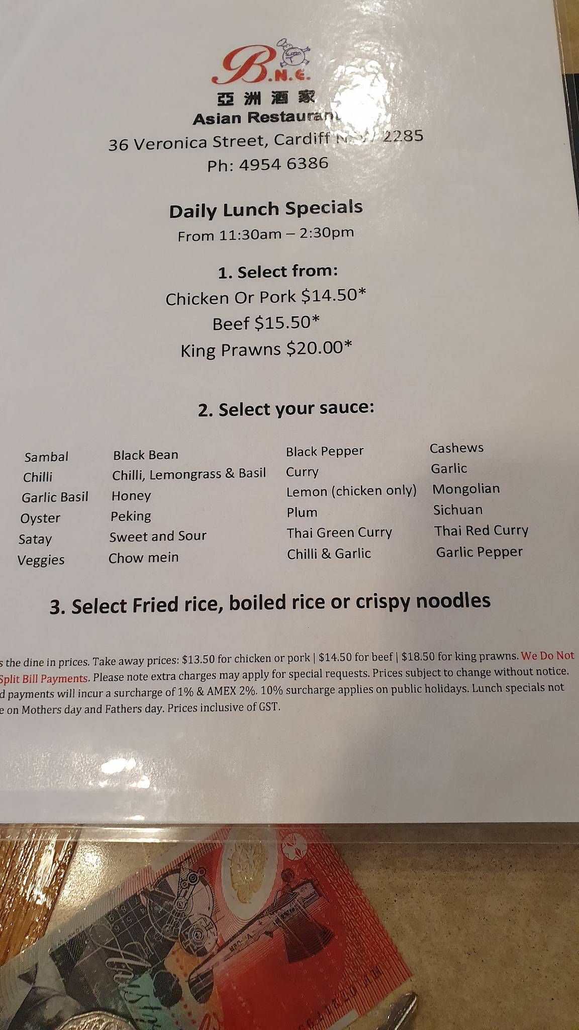 Menu at BNE Asian Restaurant, Cardiff