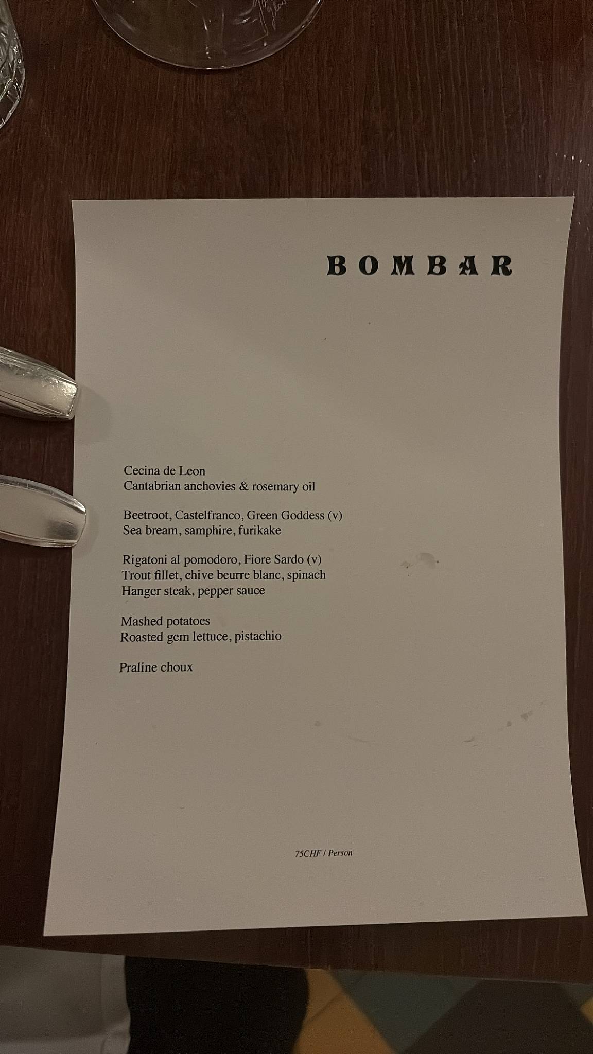 Menu au BOMBAR, Genève