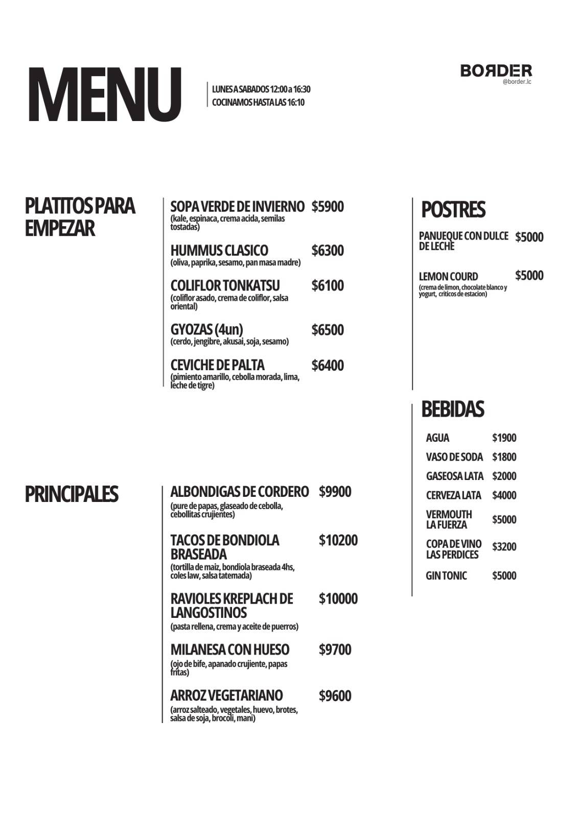 Menu at BOЯDER restaurant, La Cumbre