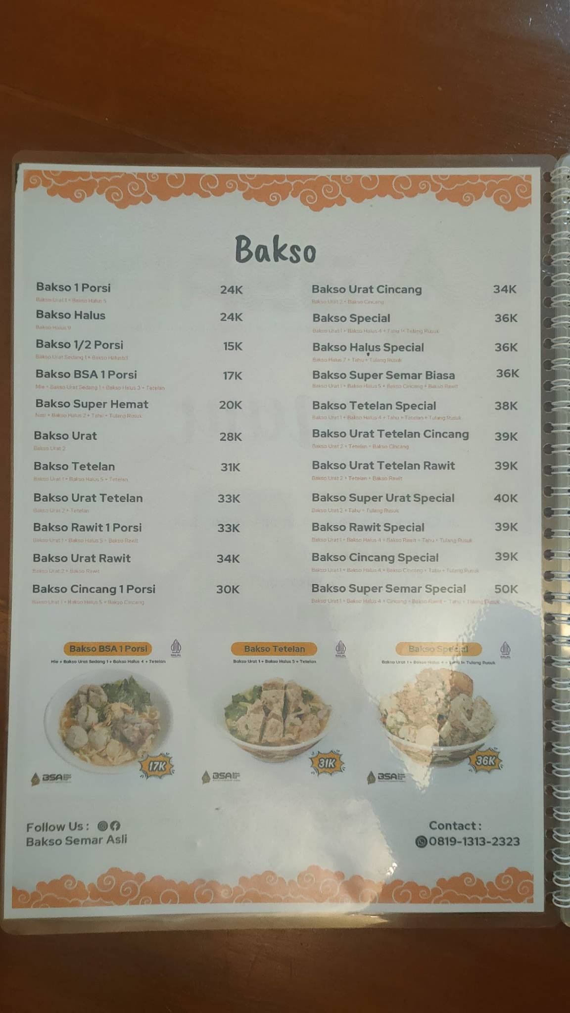 Carta del restaurante BSA - BAKSO SEMAR ASLI, PAHLAWAN, Bandung