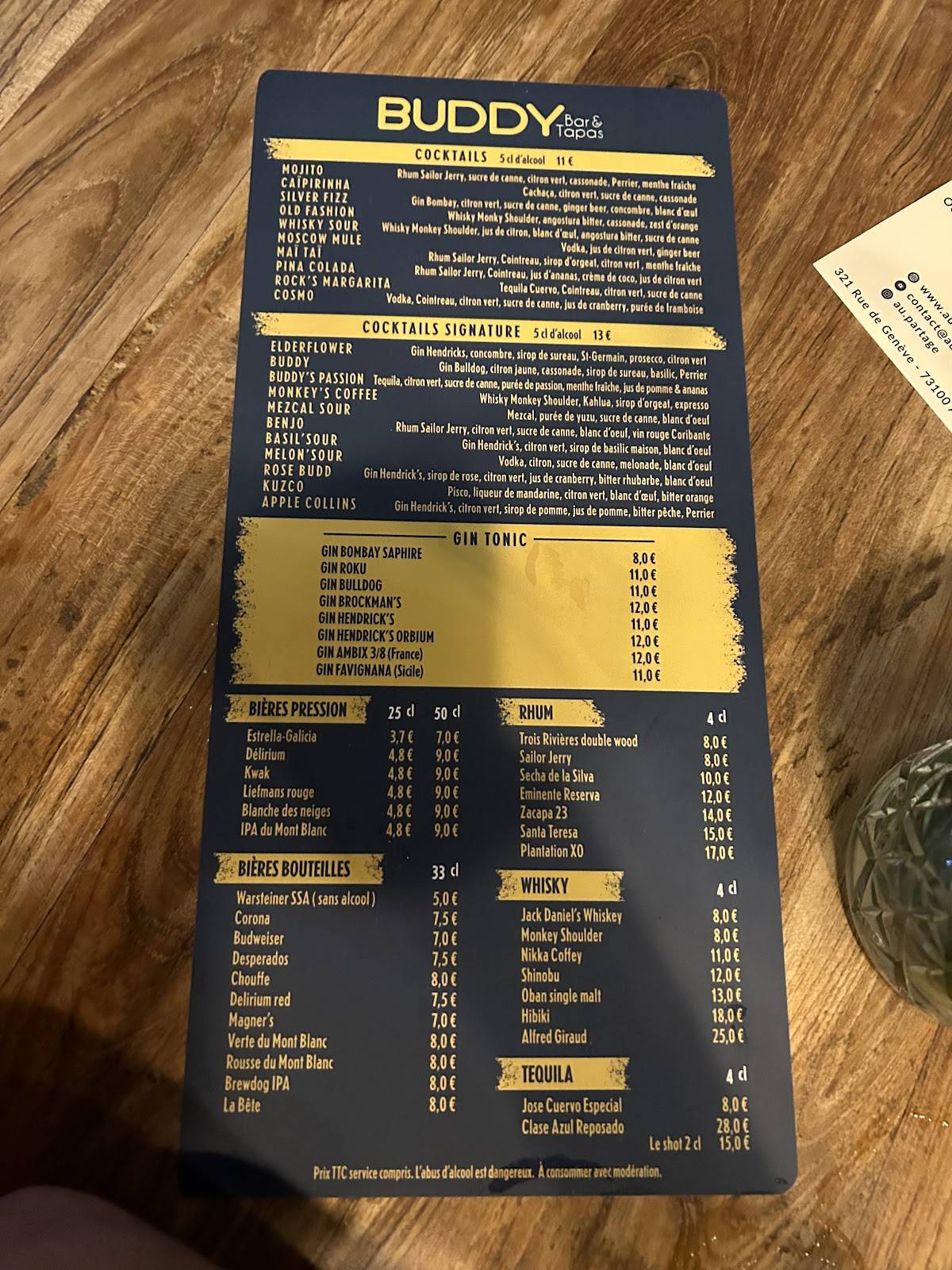 Carta de BUDDY Bar&Tapas, Aix-les-Bains