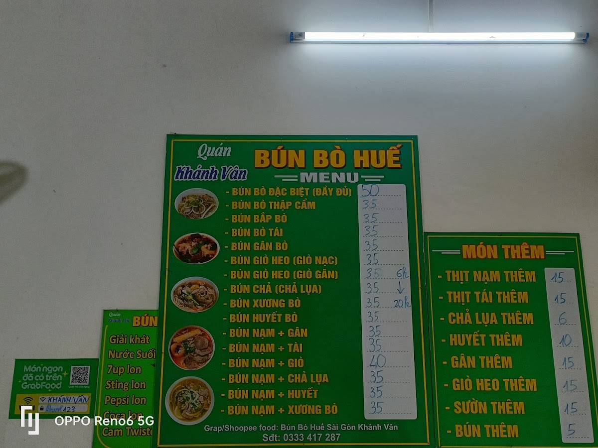 Menu at BÚN BÒ HUẾ SÀI GÒN KHÁNH VÂN restaurant, Qui Nhơn