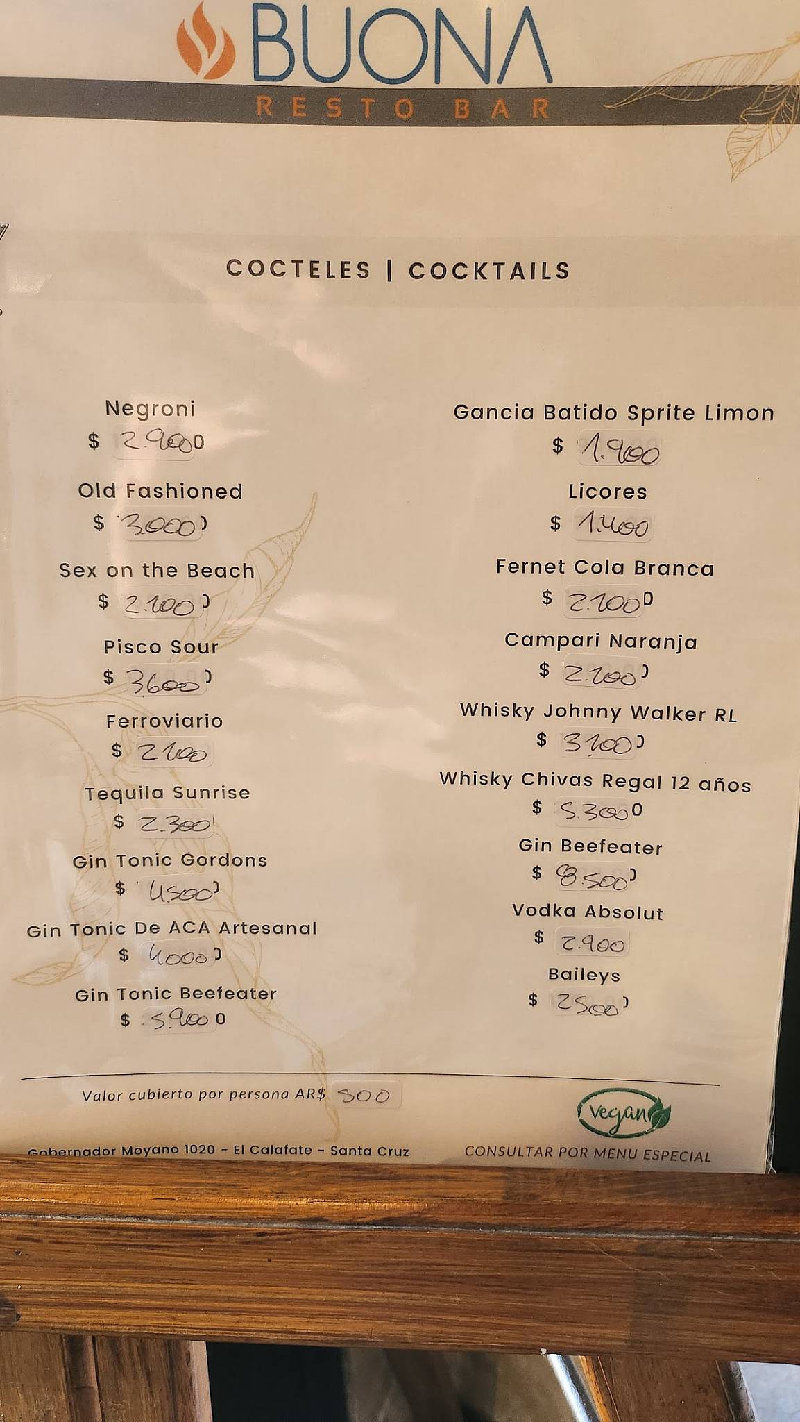 Carta de BUONA Resto Bar, El Calafate