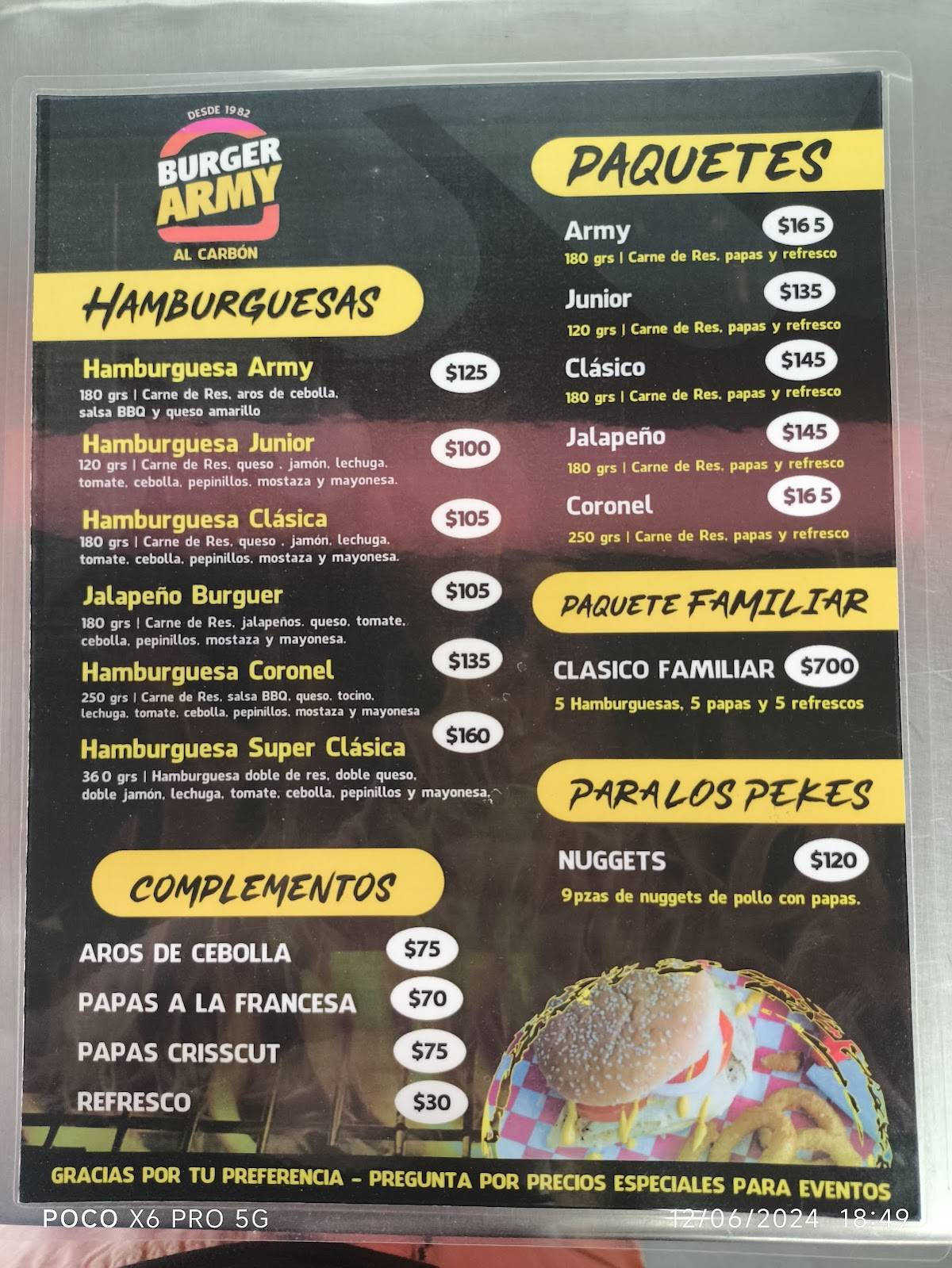 Carta del restaurante BURGER ARMY, Monterrey, Blvd. Puerta del Sol 265