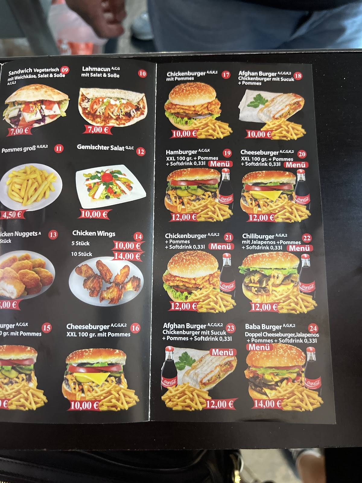 Menu at Baba Burger restaurant, Frankfurt