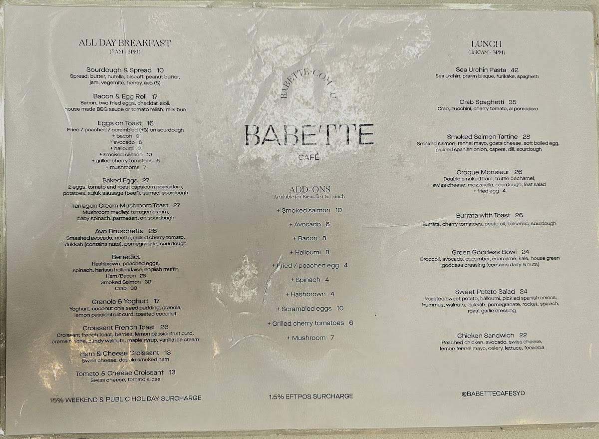 Menu at Babette Cafe, Sydney