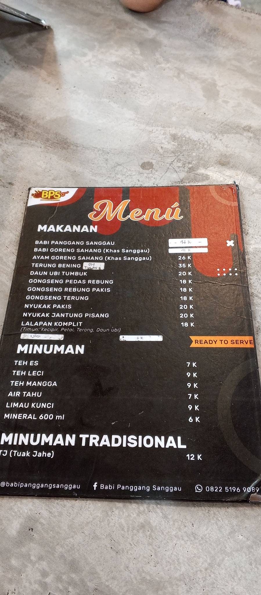 Menu at Babi Panggang Sanggau (BPS) restaurant, Pontianak