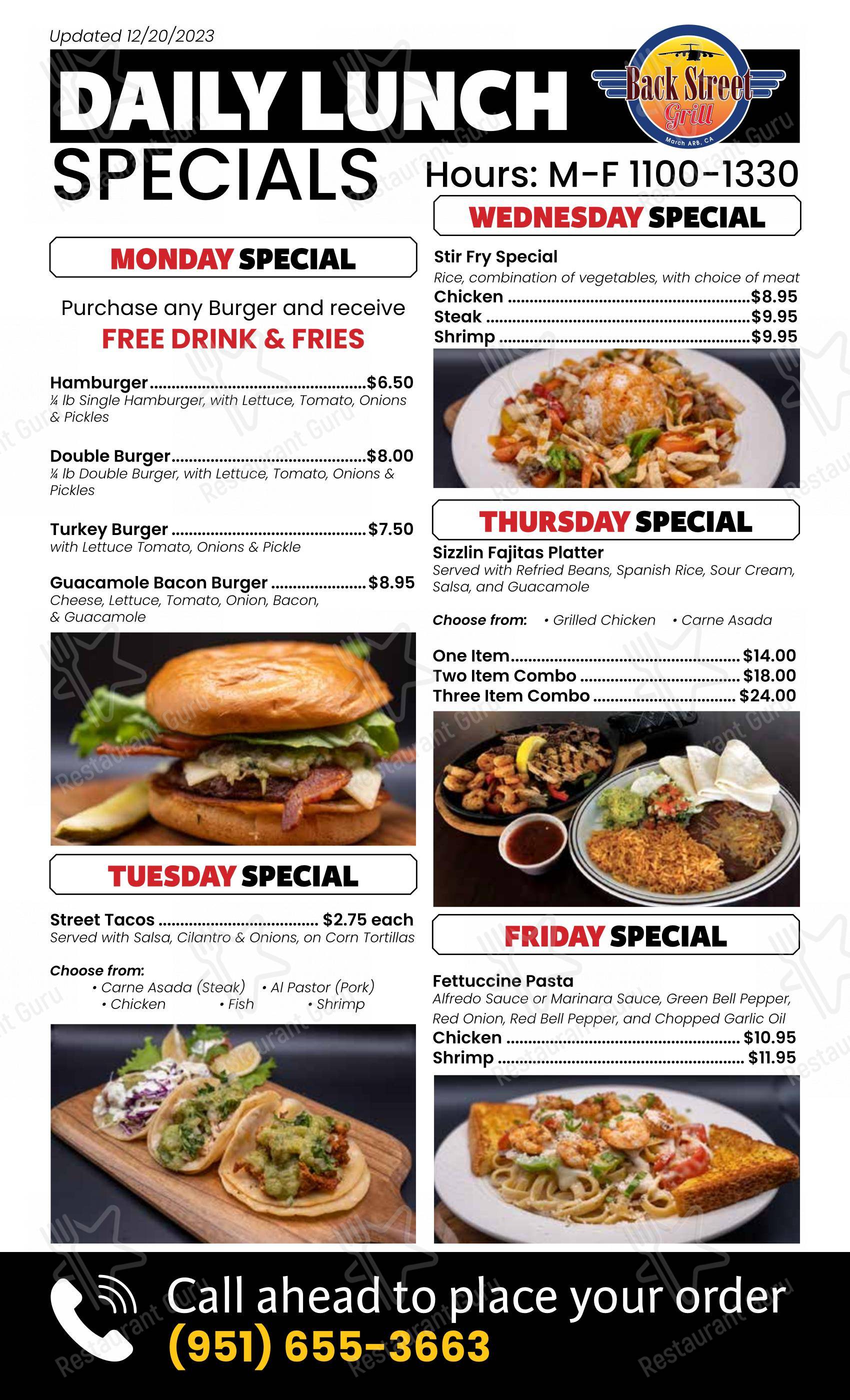 Menu at Back Street Grill cafe, March Air Reserve Base, 870 Adams Ave ...