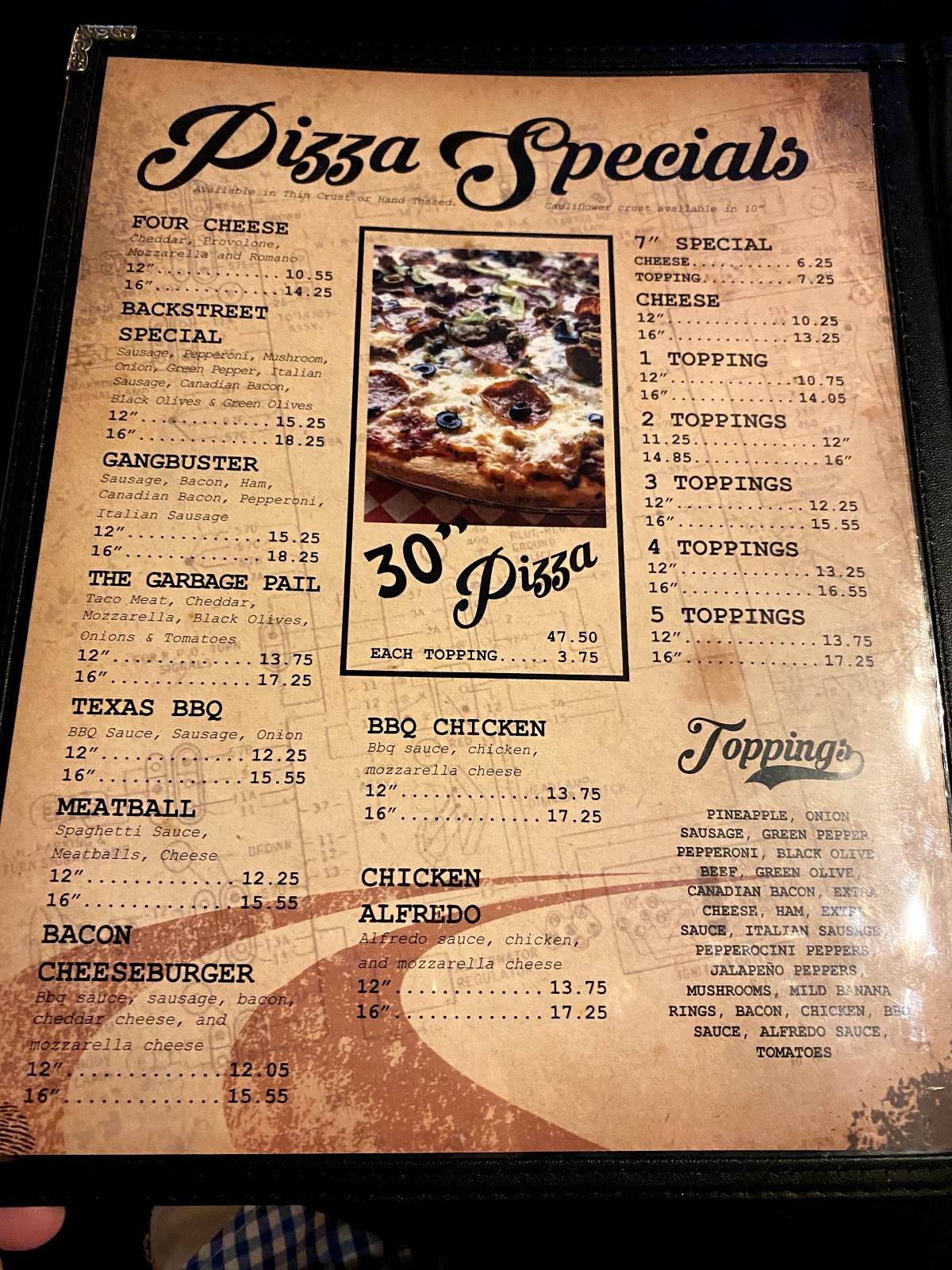 Menu at Backstreet Pizza pizzeria, Sullivan, 523 S Section St